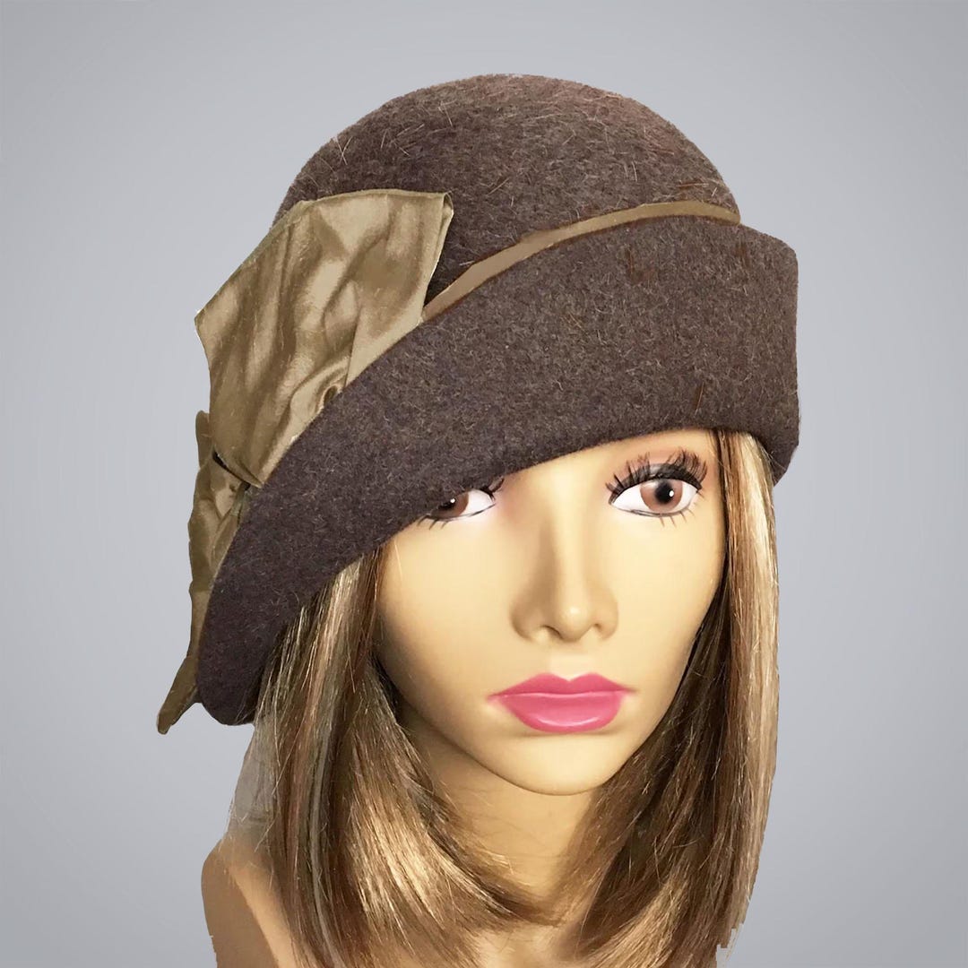Ashley, Fur Felt Cloche With Side Drape, Color is Brown Heather ...