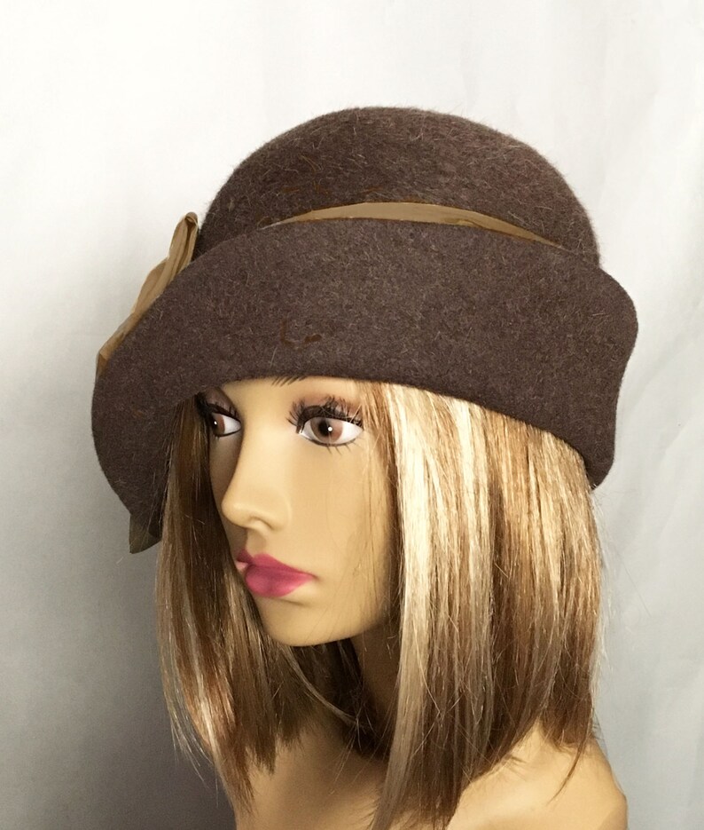 Ashley, Fur Felt Cloche With Side Drape, Color is Brown Heather ...