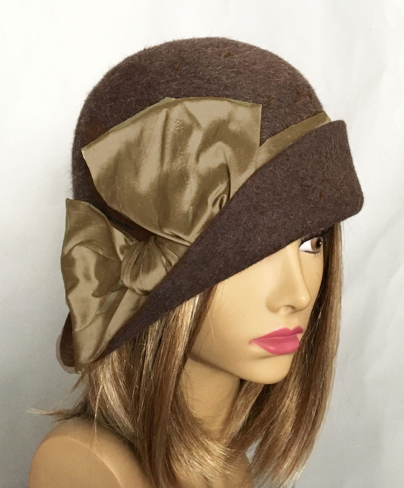 Ashley, Fur Felt Cloche With Side Drape, Color is Brown Heather ...