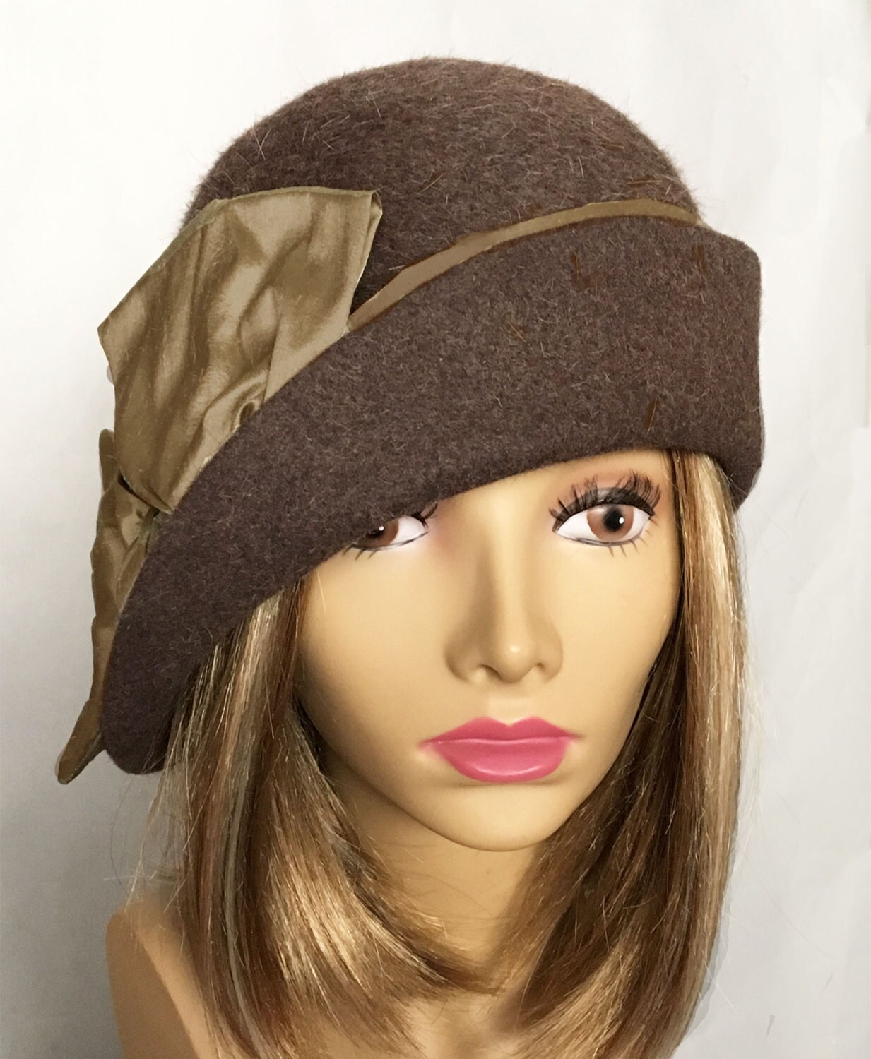 Ashley Fur Felt Cloche with side drape color is brown | Etsy