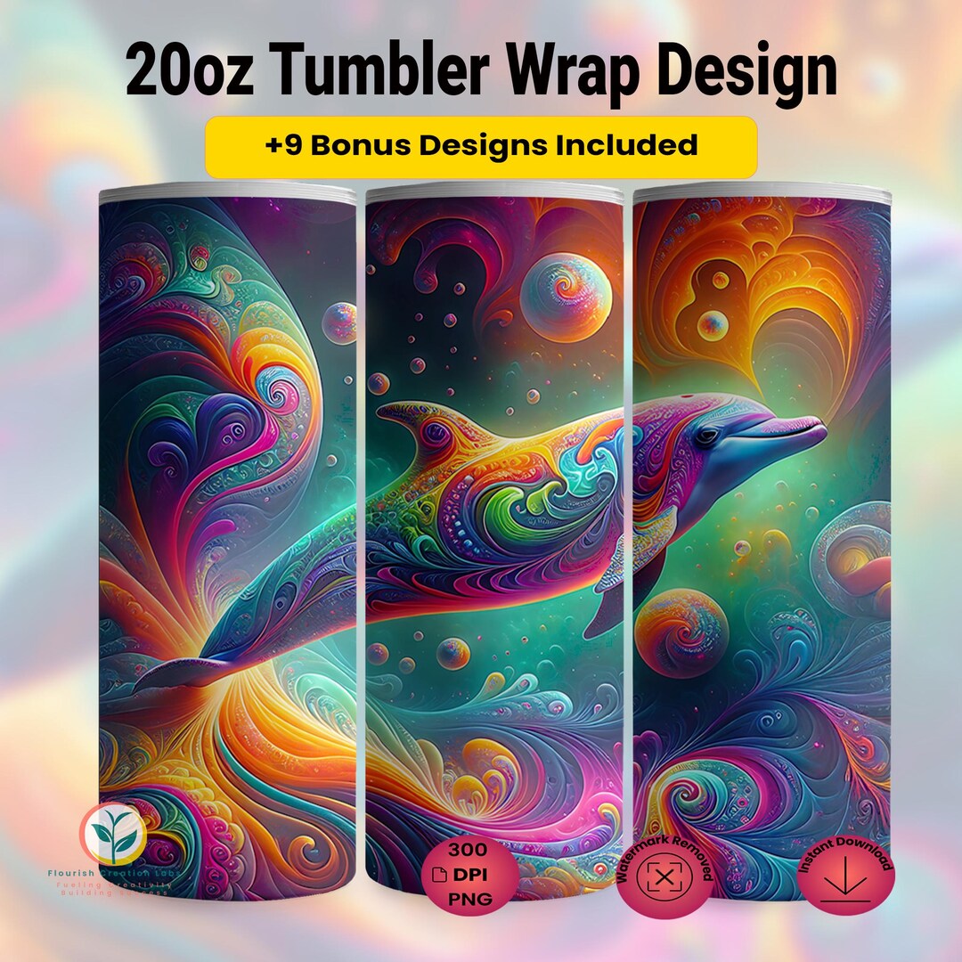 Dolphin Tumbler Wrap | 20oz Sublimation PNG | Psychedelic Ocean Art ...