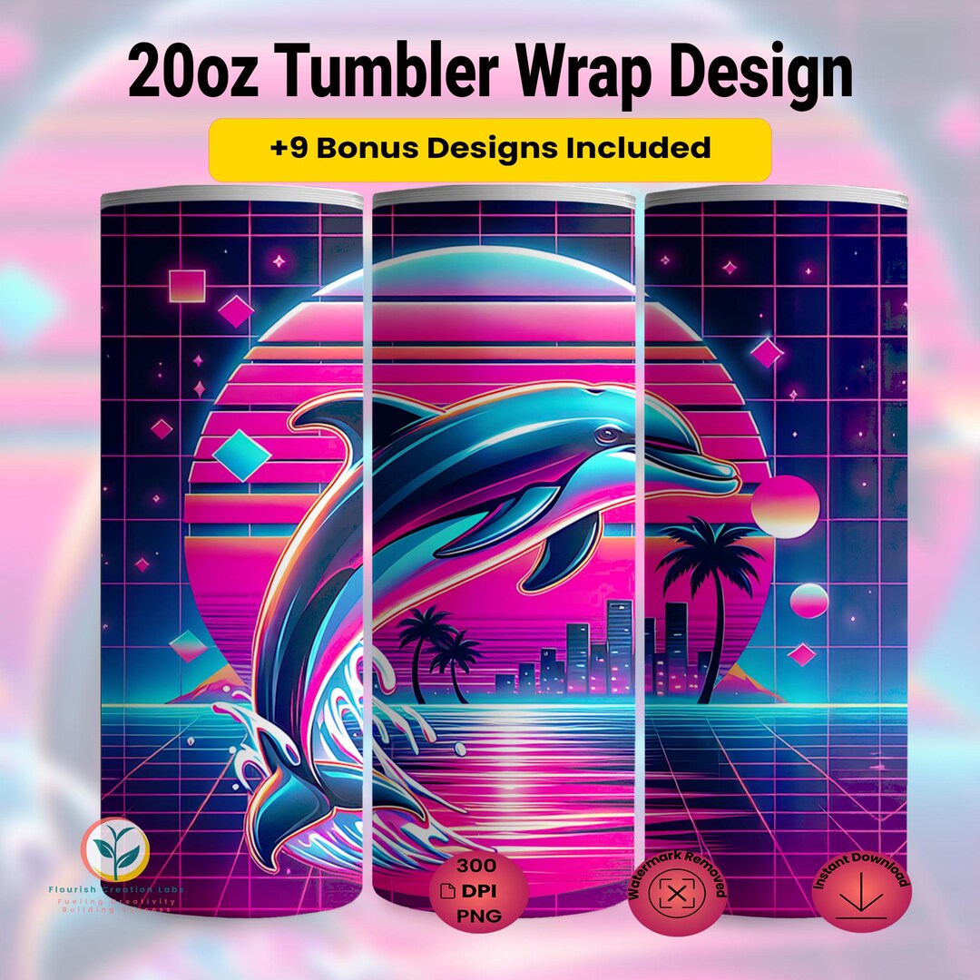 Neon Dolphin 20oz Tumbler Wrap PNG | Retro 80s Synthwave Sublimation ...