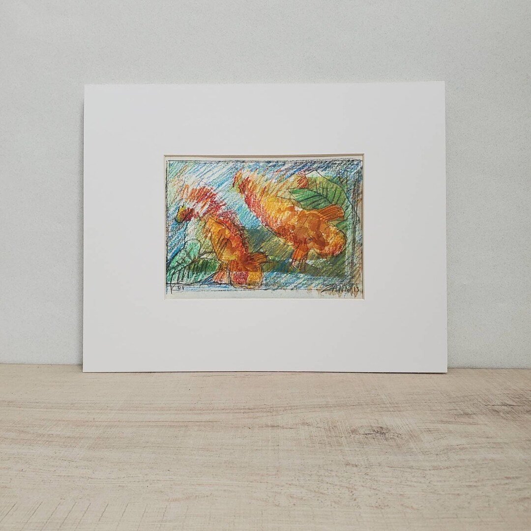 Koi Fish Art Hawaiian Goldfish Drawing Mixed Media Original Collage - Etsy