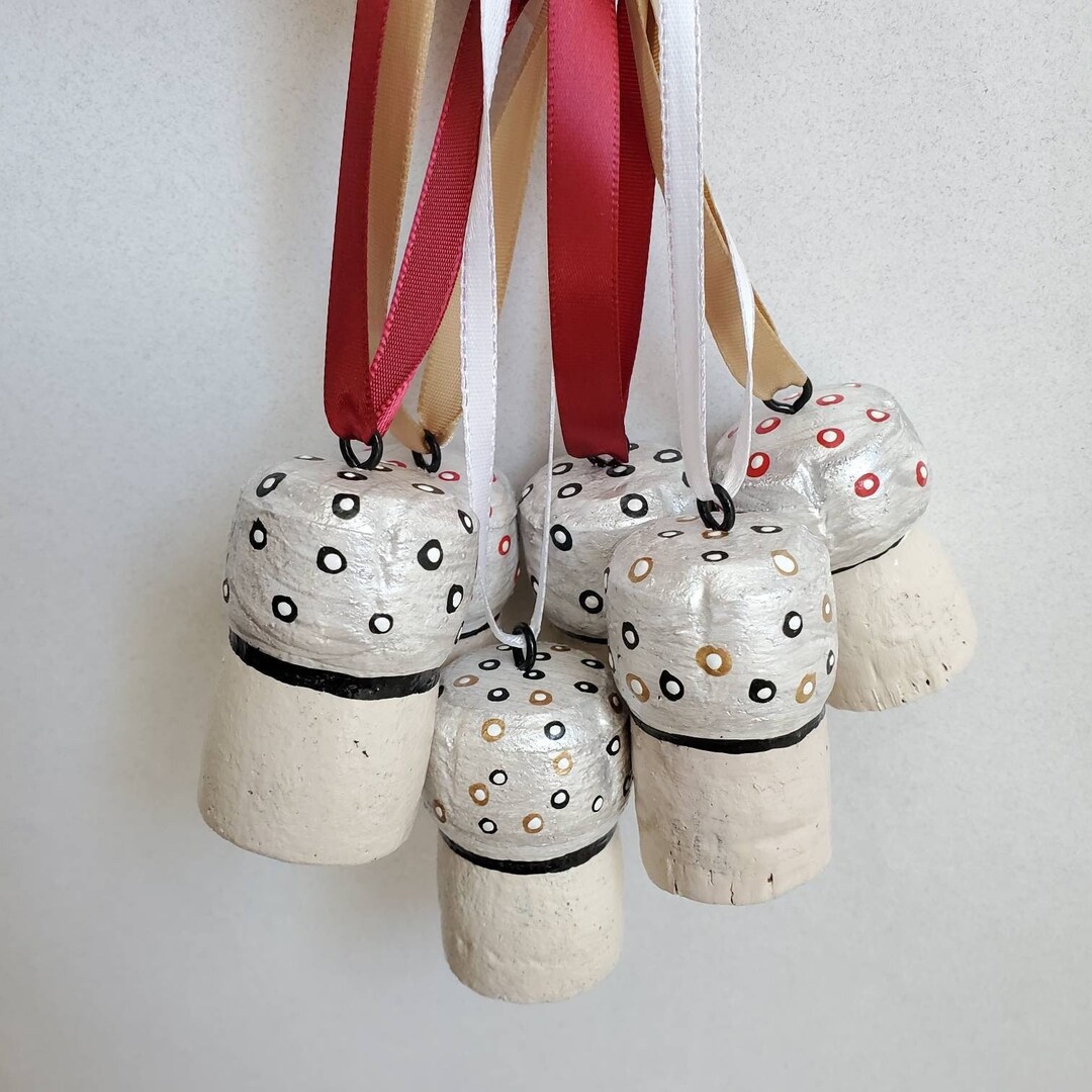 Champagne Cork Ornaments Toadstool Mushrooms Polka Dots Silver and Gold ...