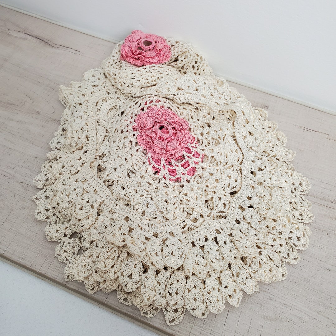 Vintage Pink Doily Large Round Cotton Crochet Rosette Mid Century Boho ...