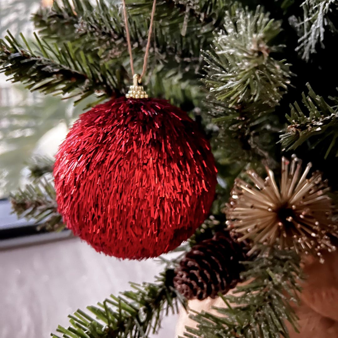 Handmade Dark Red Tinsel Christmas Ball Ornaments - Shatterproof ...