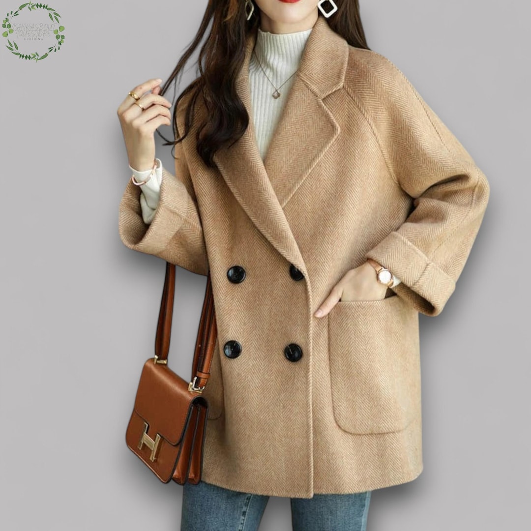 Elegant Women's Woollen Jacket With Pockets | Long Sleeve Thick Lapel ...