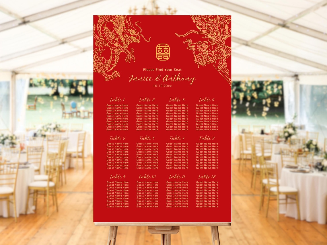 Red Chinese Wedding Seating Chart Template 20x30 12 Tables Traditional ...