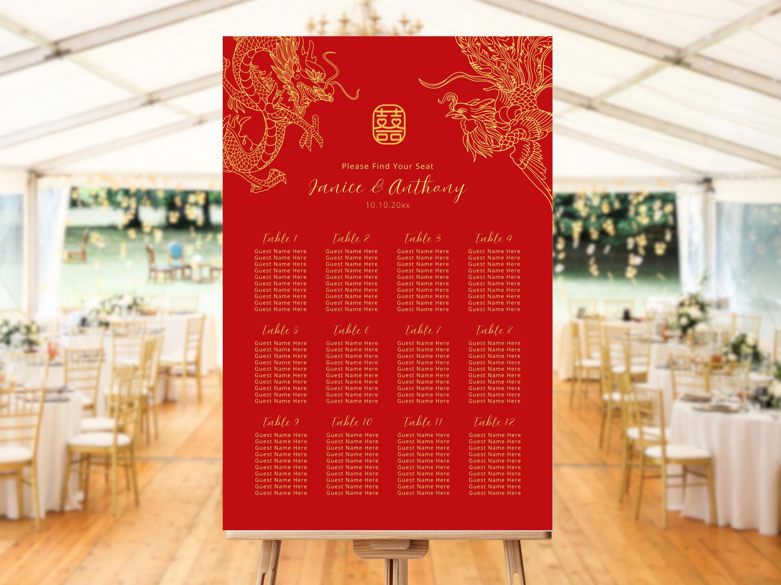 Red Chinese Wedding Seating Chart Template 20x30 12 Tables Traditional ...