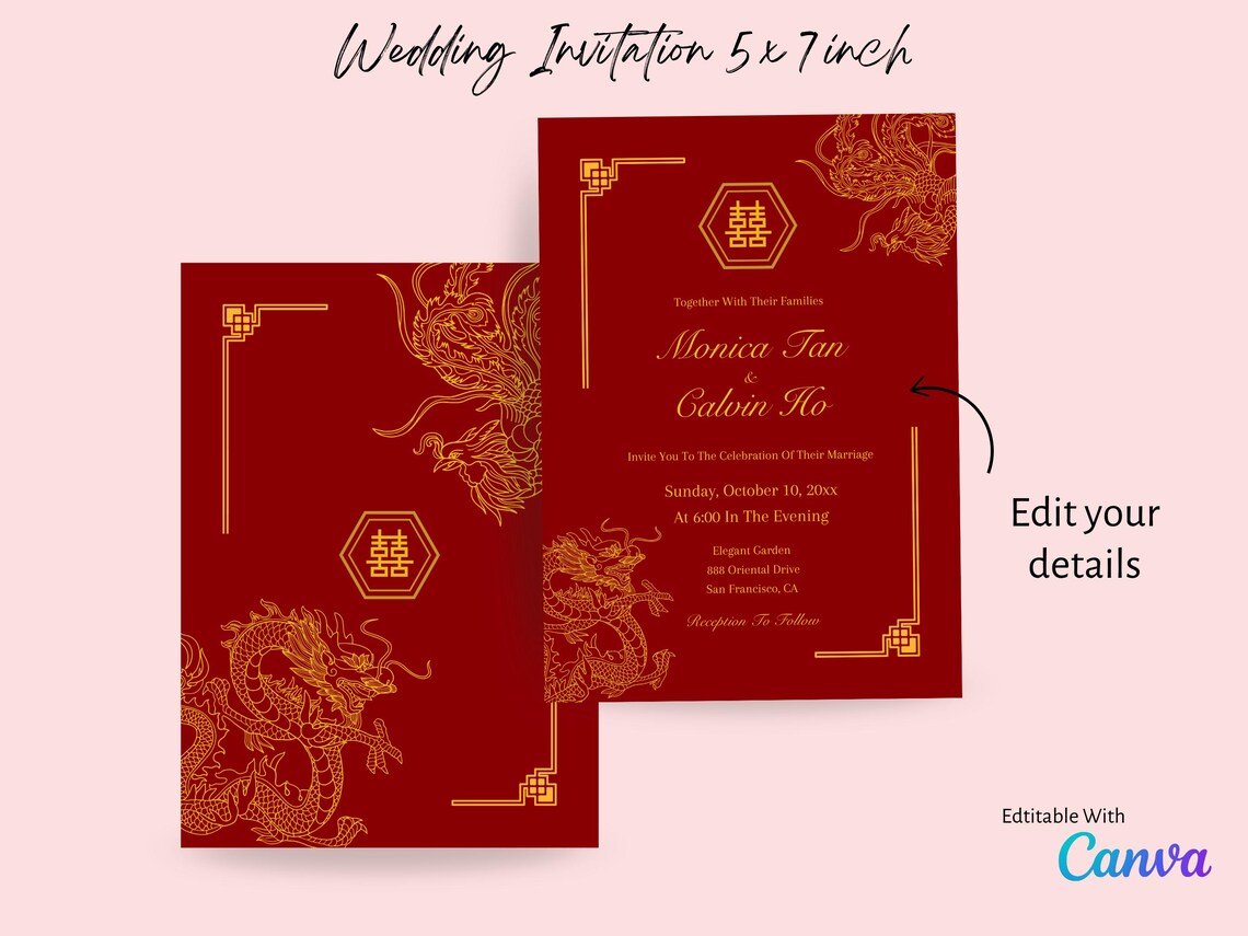 Traditional Chinese Wedding Invitation Template Digital Canva 5x7 ...