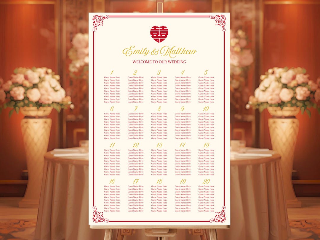 Modern Chinese Wedding Seating Chart Board Template 20x30 Asian Wedding ...