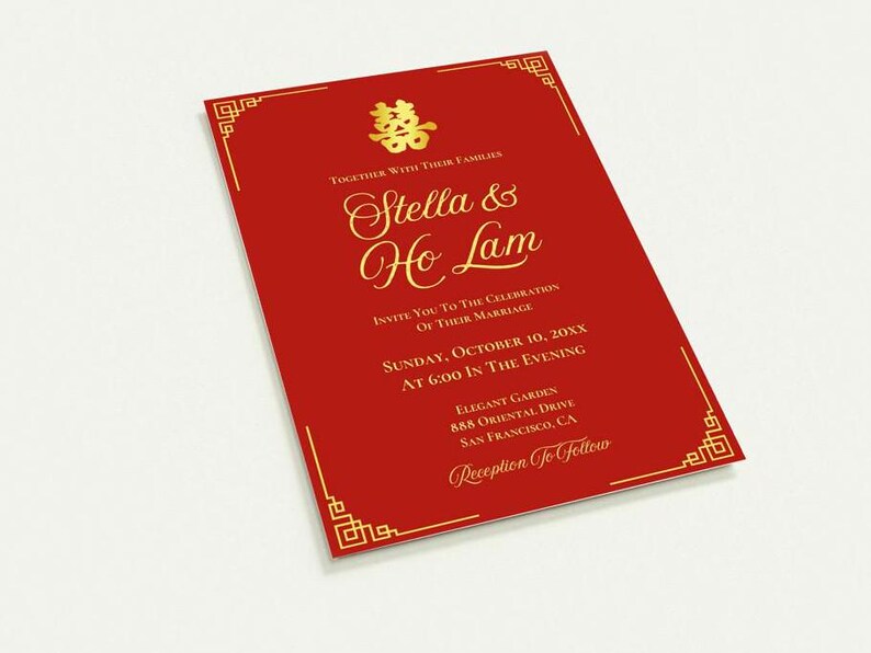 Traditional Chinese Wedding Invitation Template Red Gold Double ...