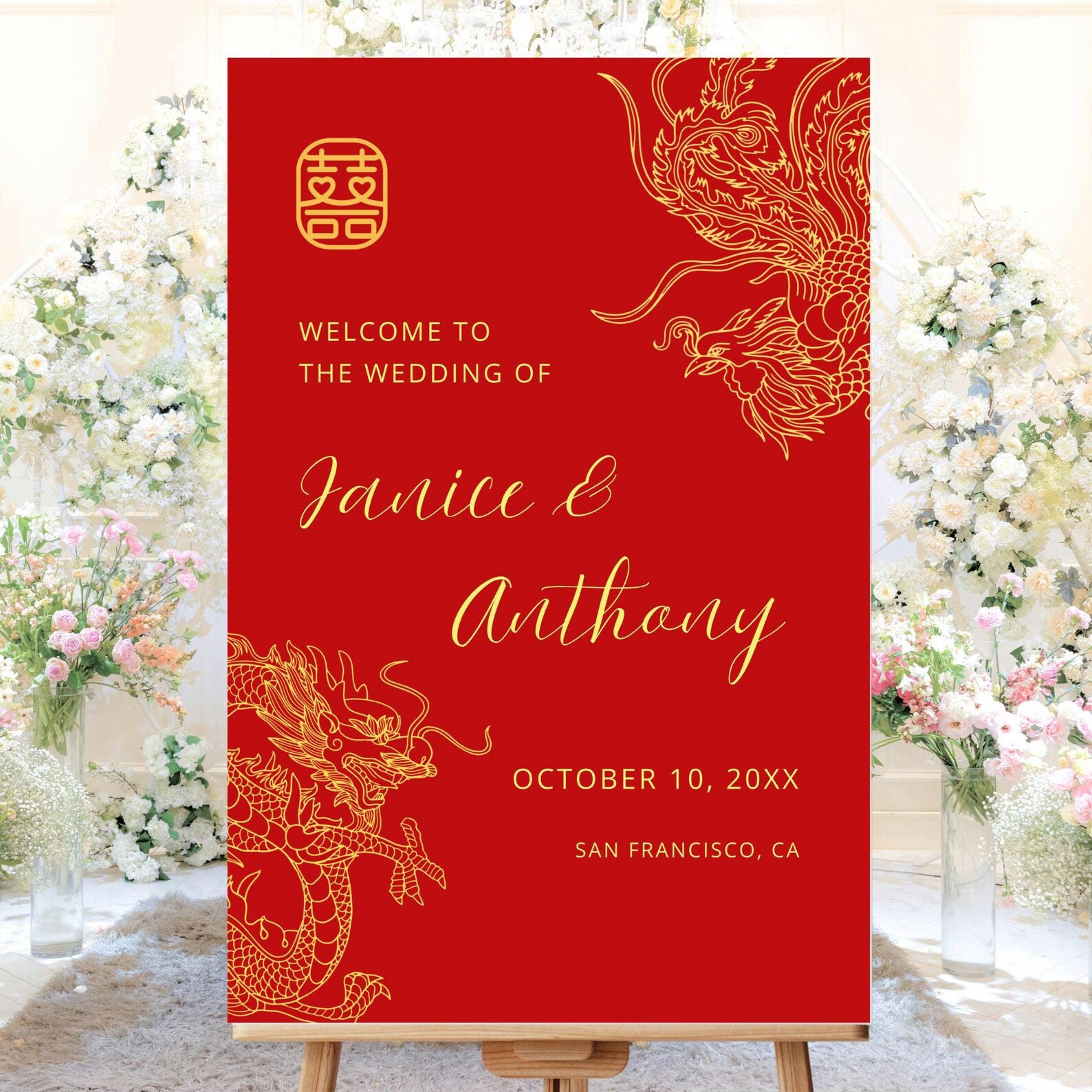 Chinese Wedding Welcome Sign Template 20x30 Traditional Dragon Phoenix ...