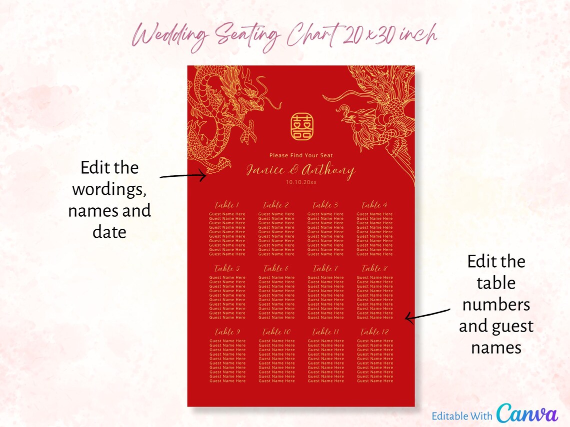 Red Chinese Wedding Seating Chart Template 20x30 12 Tables Traditional ...