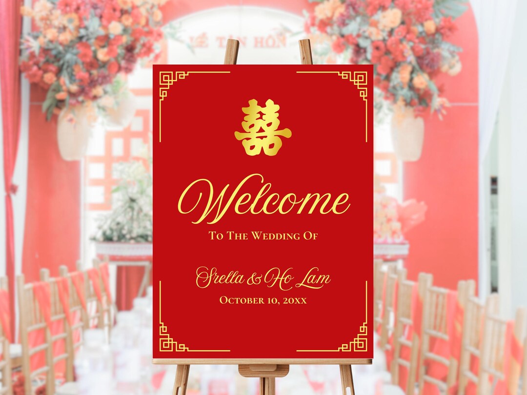 Red Welcome Sign Chinese Wedding Template Canva 18x24 Traditional Asian ...