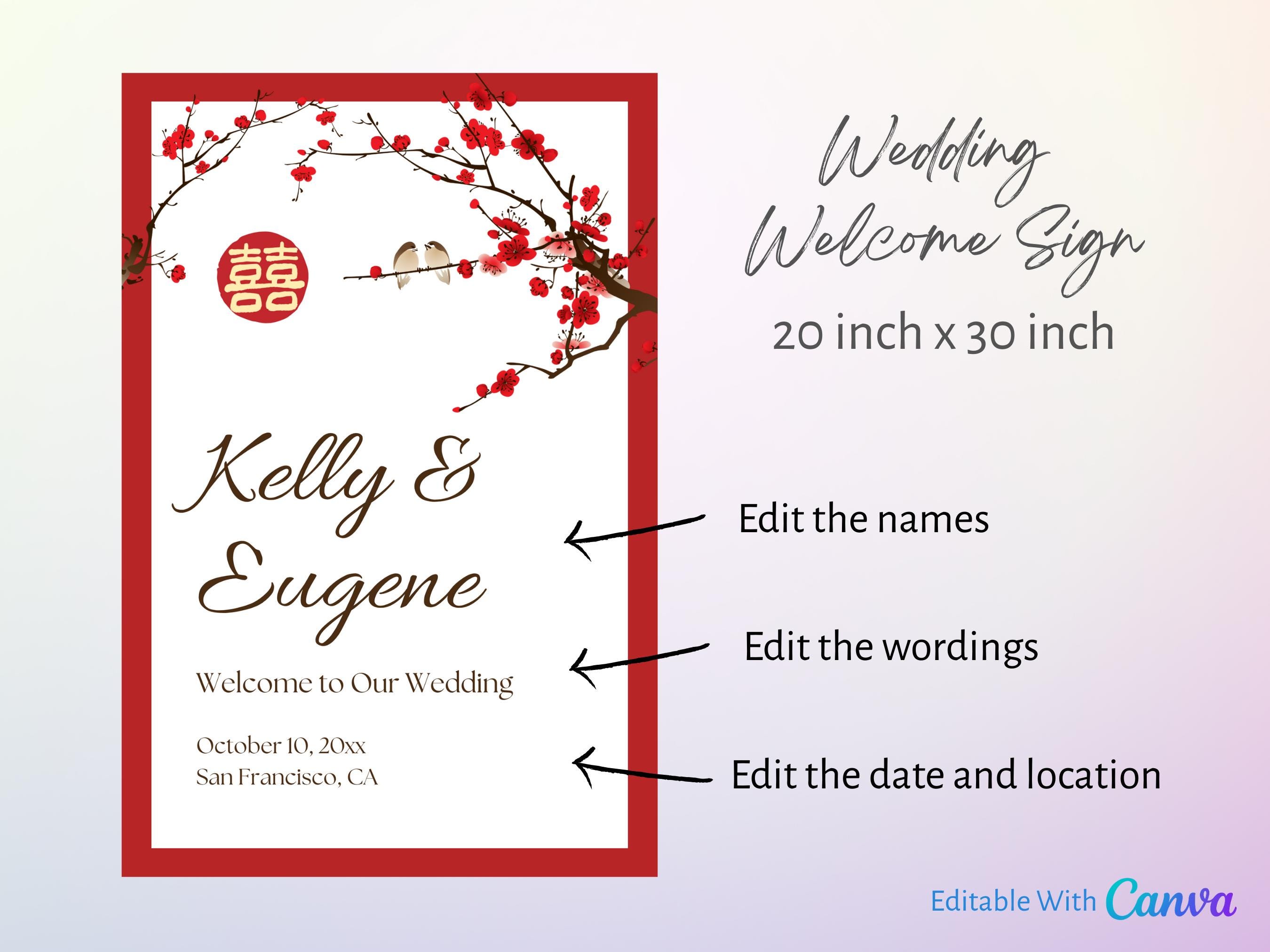 Editable Chinese Wedding Welcome Sign Template 20x30 Double Happiness ...
