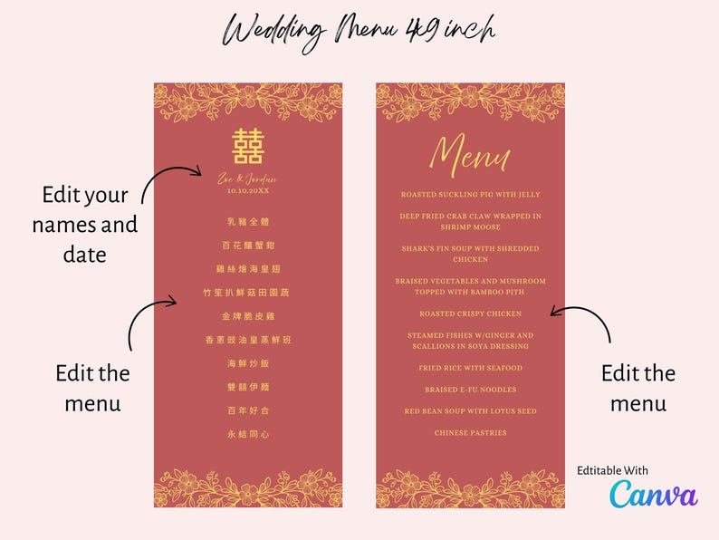 Red Chinese Wedding Menu Card Template Editable 4x9 Floral Chinese ...