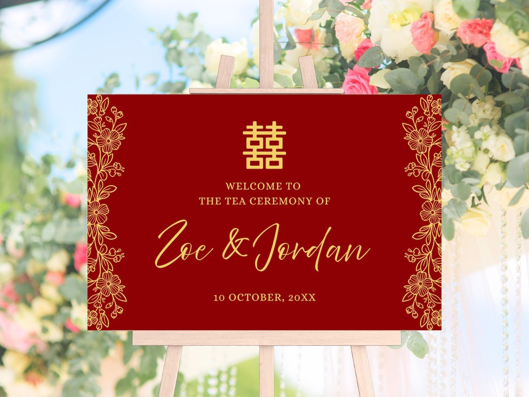 Red Chinese Tea Ceremony Welcome Sign Digital Template Floral 30x20 ...