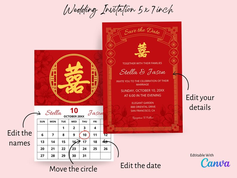 Chinese Wedding Invitation Template Digital Download 5x7 Calendar ...