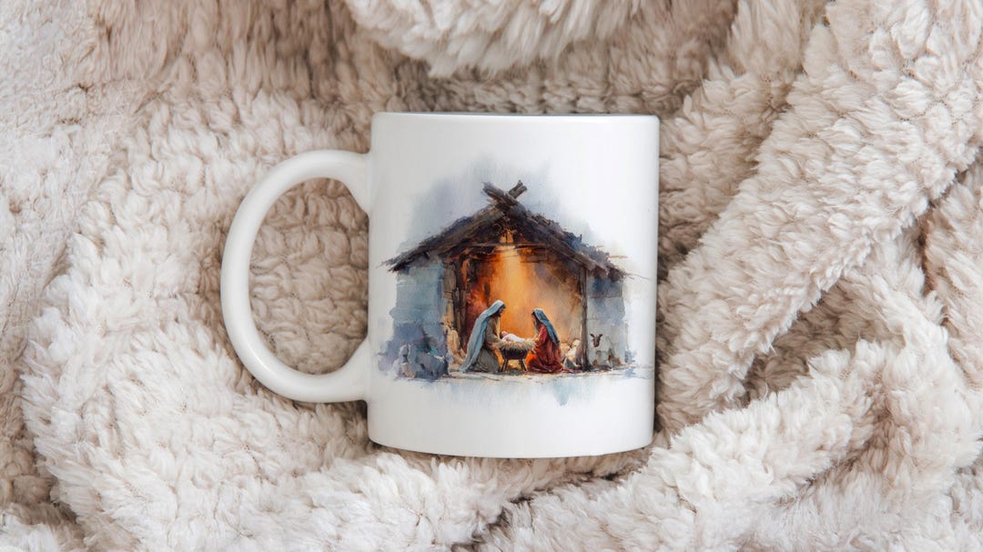 Watercolor Nativity Mug for Christmas, Christian Manger Scene Coffee ...