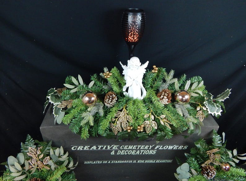 Cemetery Headstone Saddle: Silk Christmas Flowers, Angel, Solar Torch ...