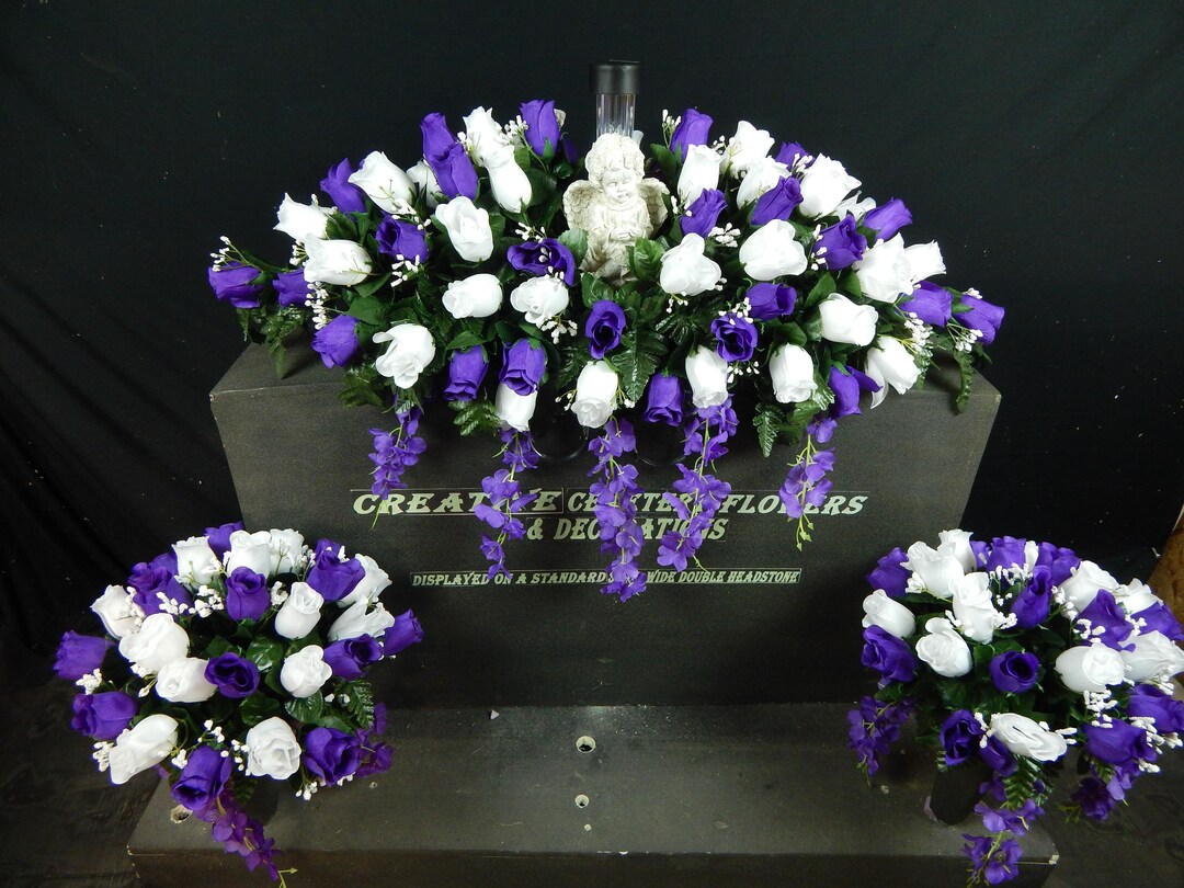 Memorial Headstone Saddle Flowers: Silk Cemetery Decoration With Solar ...