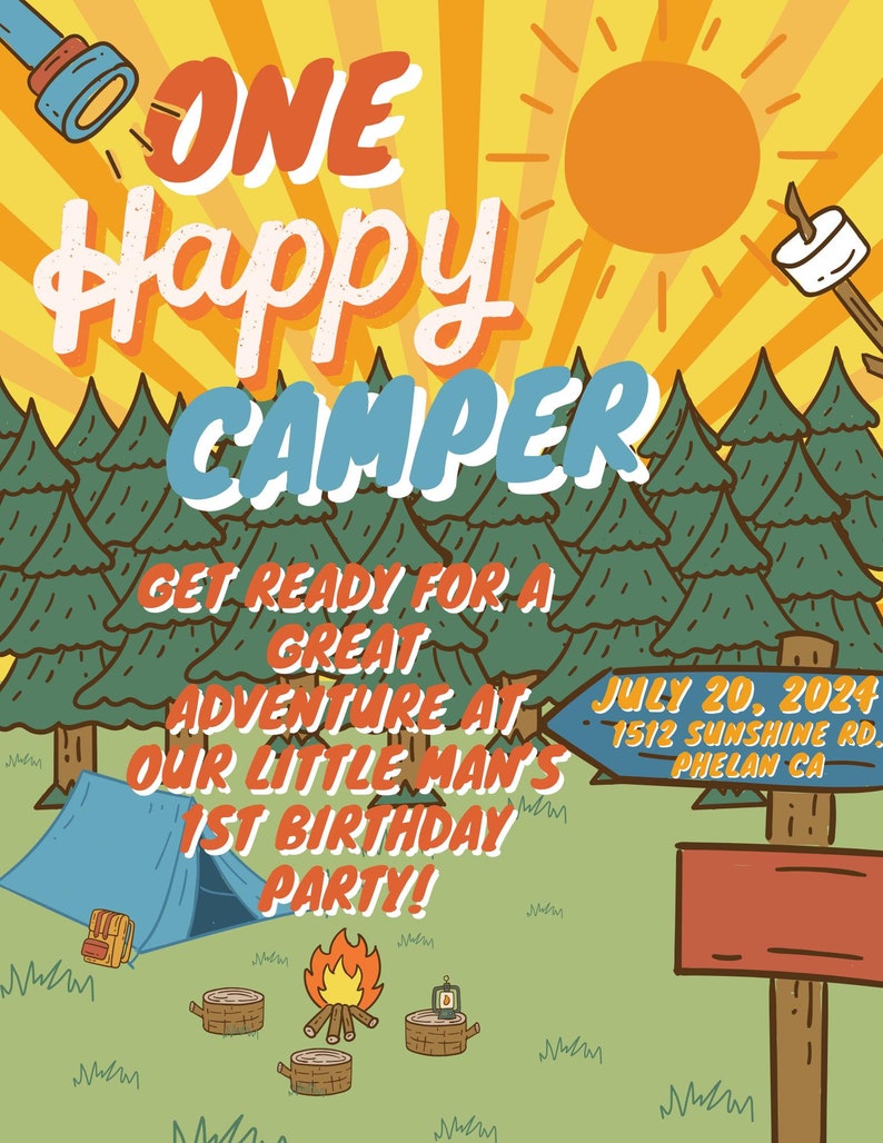 1st Birthday Invitation "one Happy Camper" Theme - Etsy