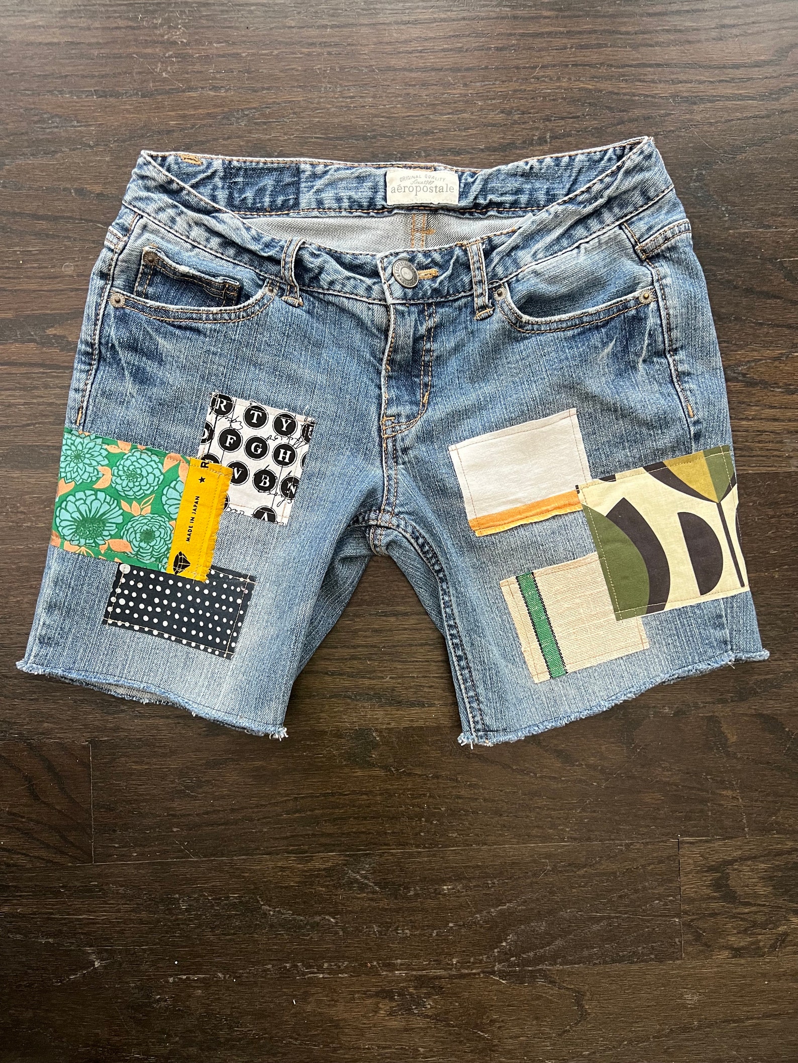 Upcycled Size 2 Boho Women’s Jean Shorts Patched Stitched Patch Green ...