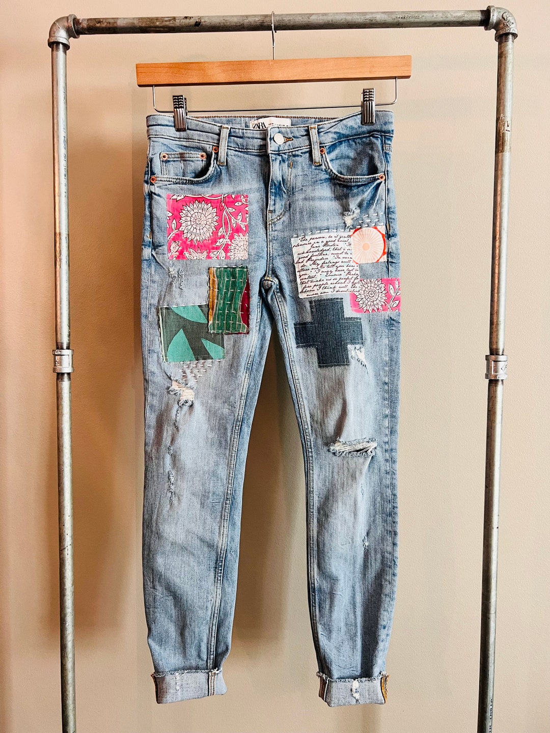 Upcycled Patched Redone Reworked Ripped Jeans Denim Size 4 - Etsy