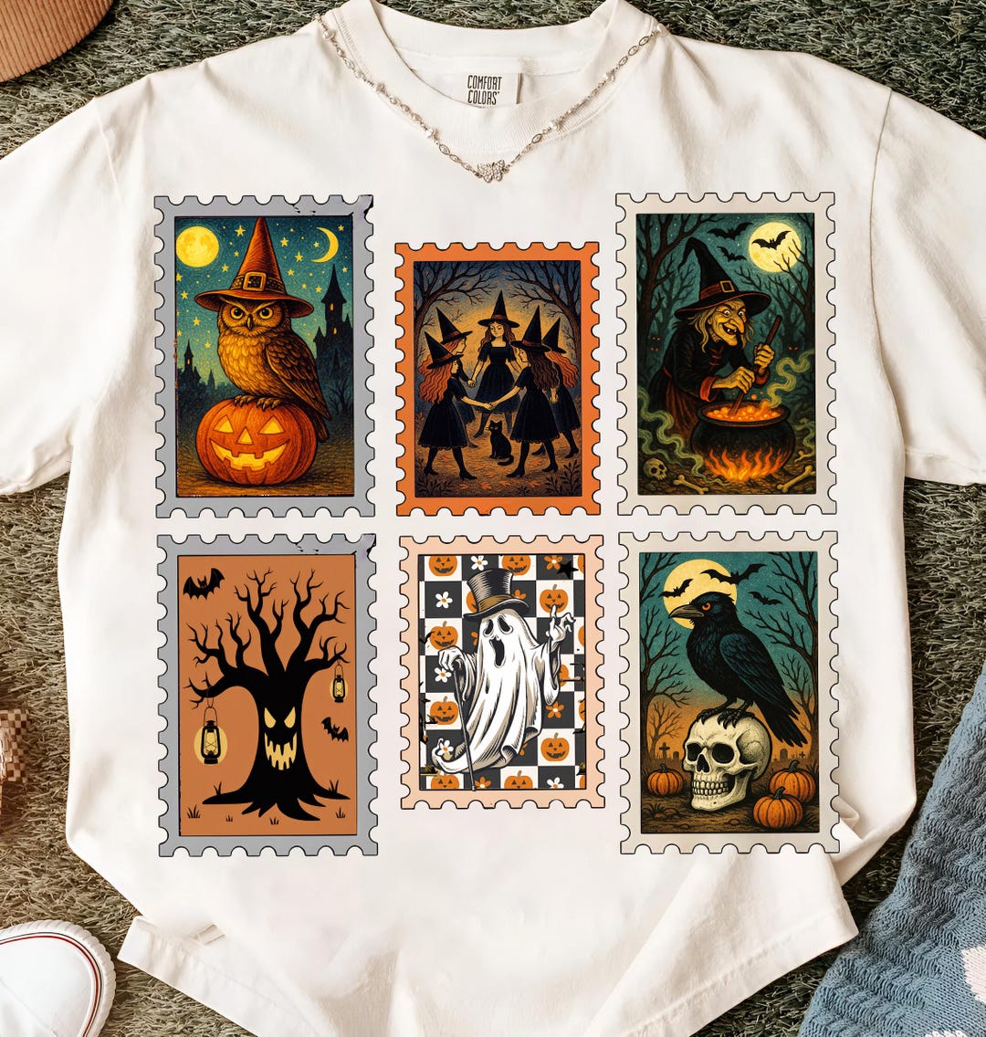 Halloween Postage Stamp PNG Retro Spooky Clipart Cute Ghost Cat Pumpkin ...