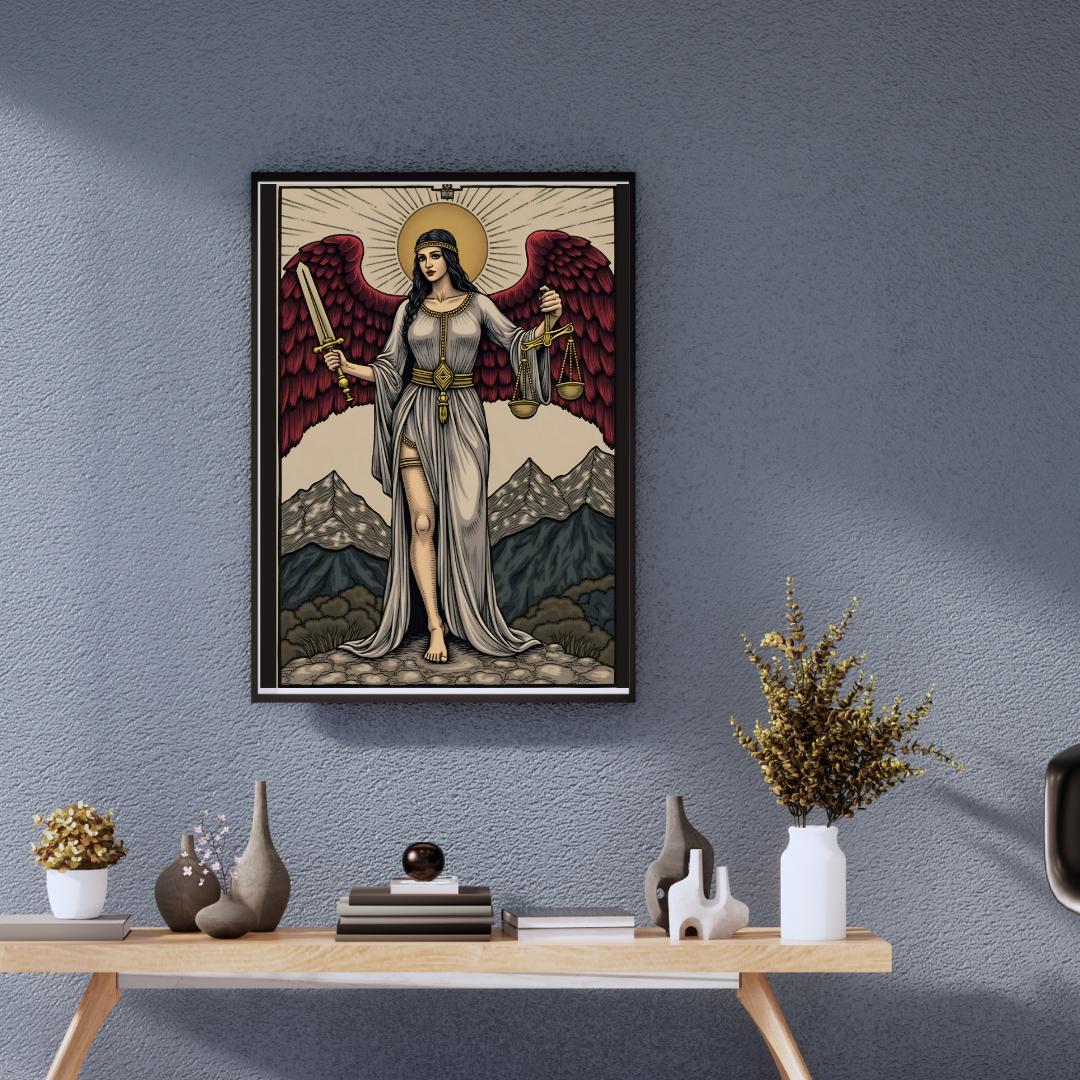 Justice Tarot Art Print - Winged Angel With Sword and Scales - Mystical ...