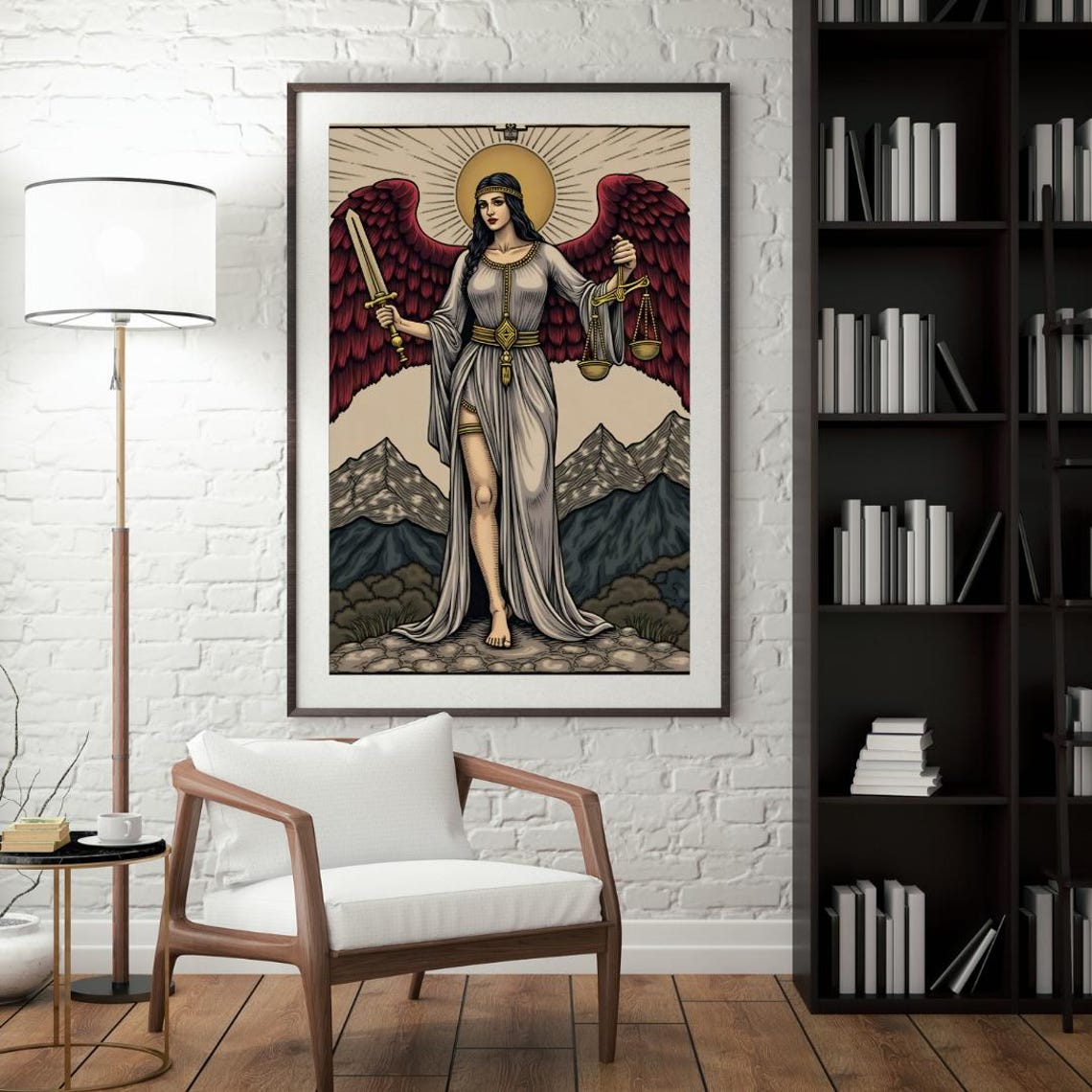 Justice Tarot Art Print – Winged Angel, Sword & Scales (digital ...