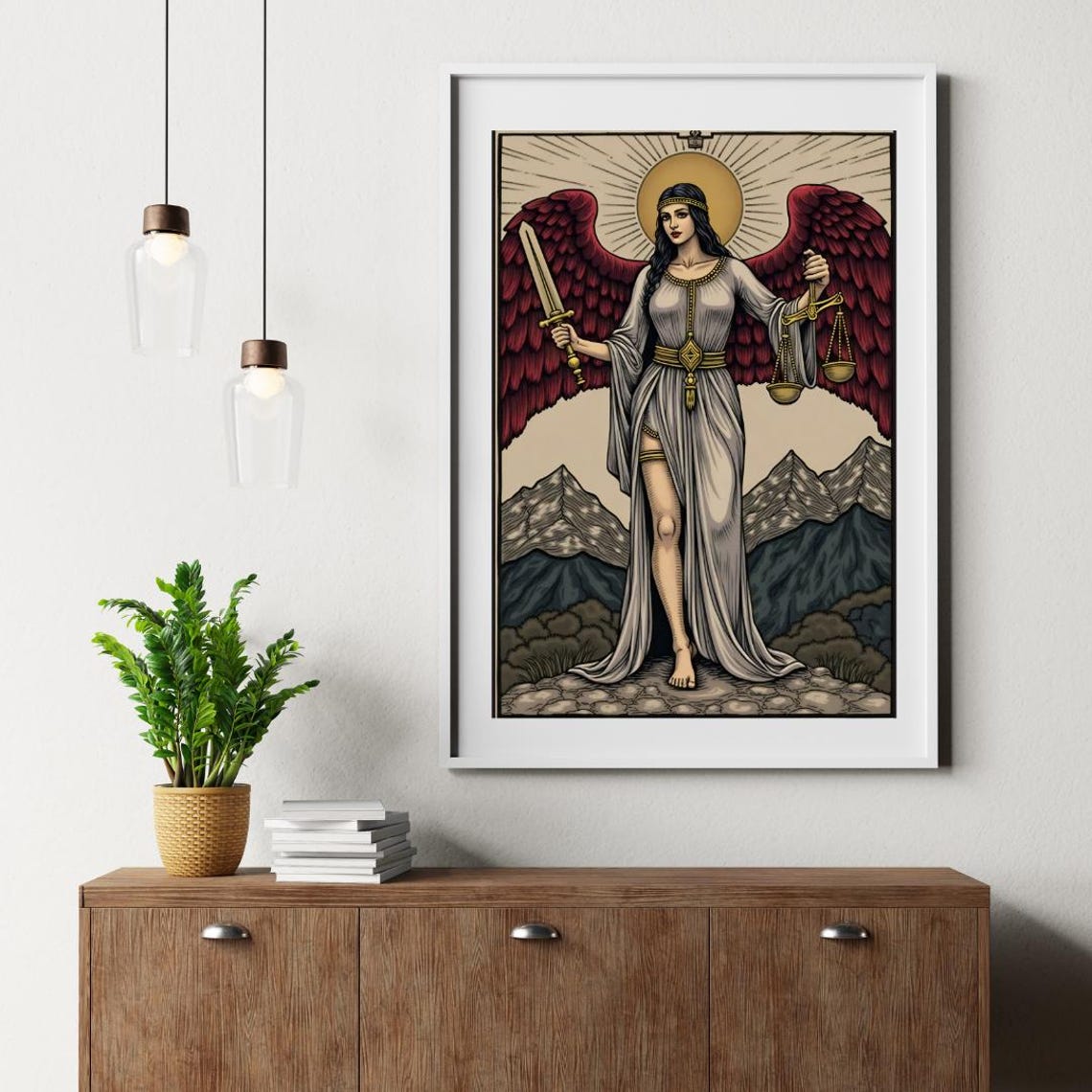 Justice Tarot Art Print - Winged Angel With Sword and Scales - Mystical ...