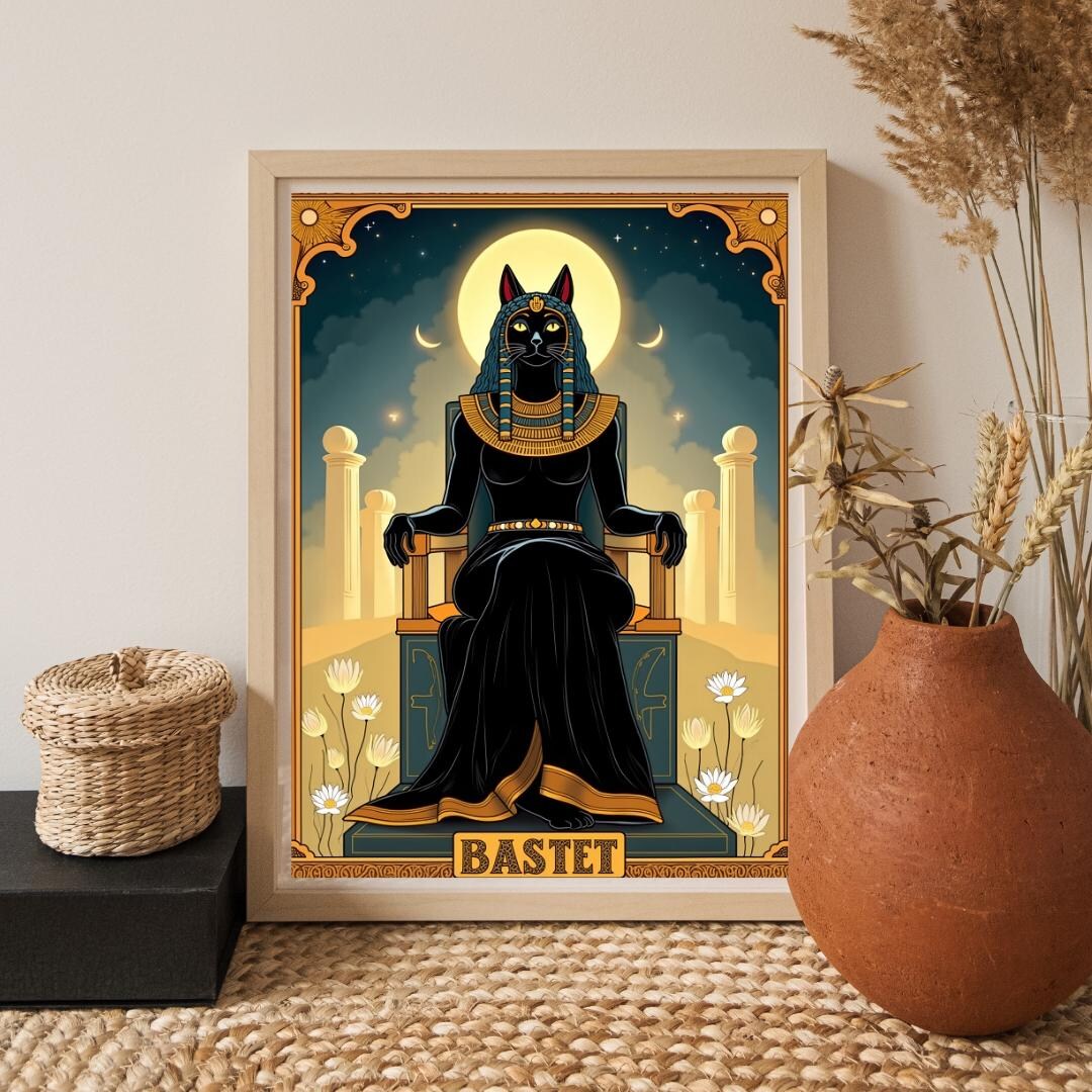 Bastet Art Print - Egyptian Goddess Bastet With Crescent Moon - 9x11 ...