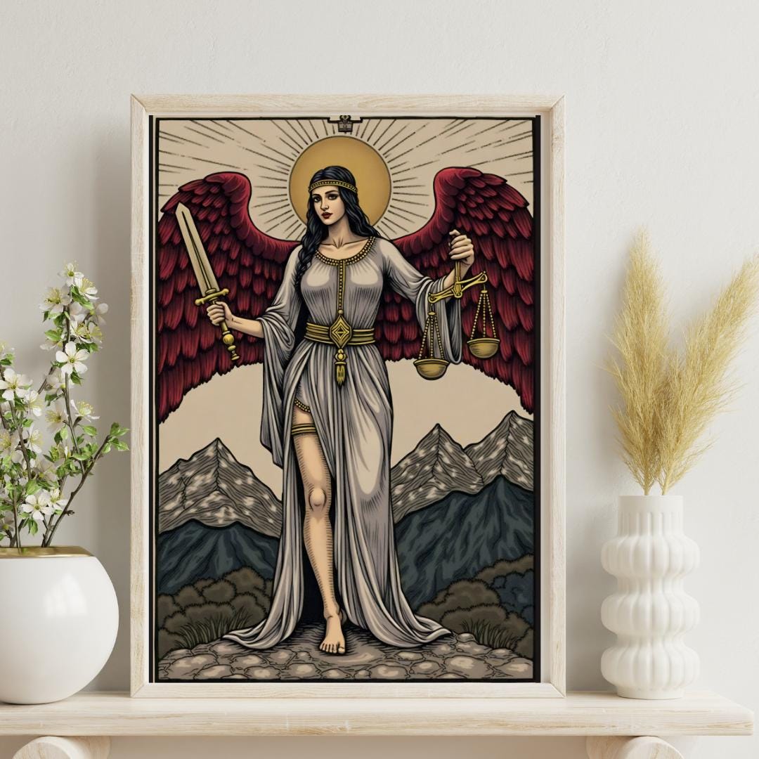 Justice Tarot Art Print – Winged Angel, Sword & Scales (digital ...