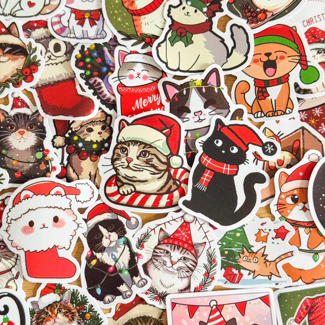 Set of 50 Christmas Cat Decal Stickers, Waterproof PVC Decals for ...