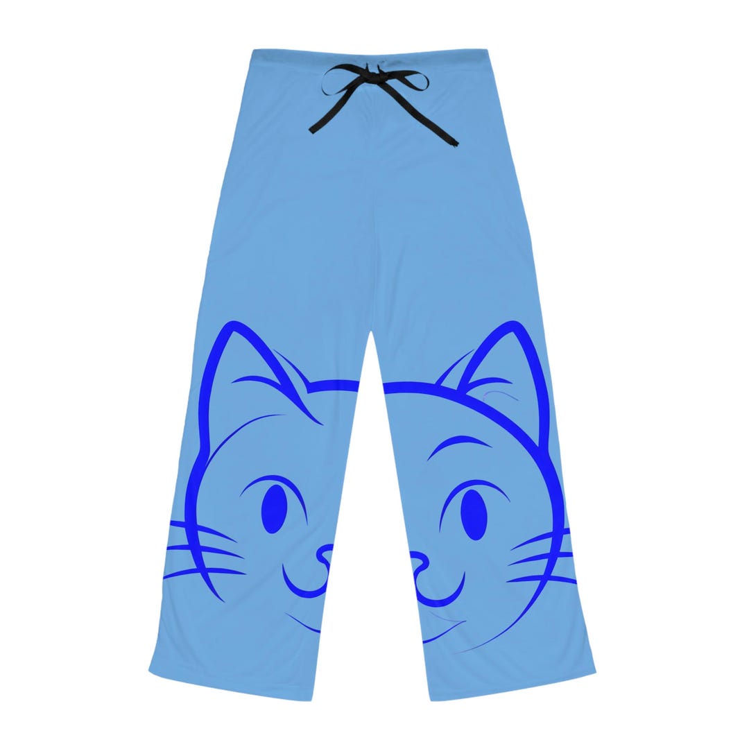 Cat Face Women's Pajama Pants, Blue Cat Design Pjs, Split Face Cat ...
