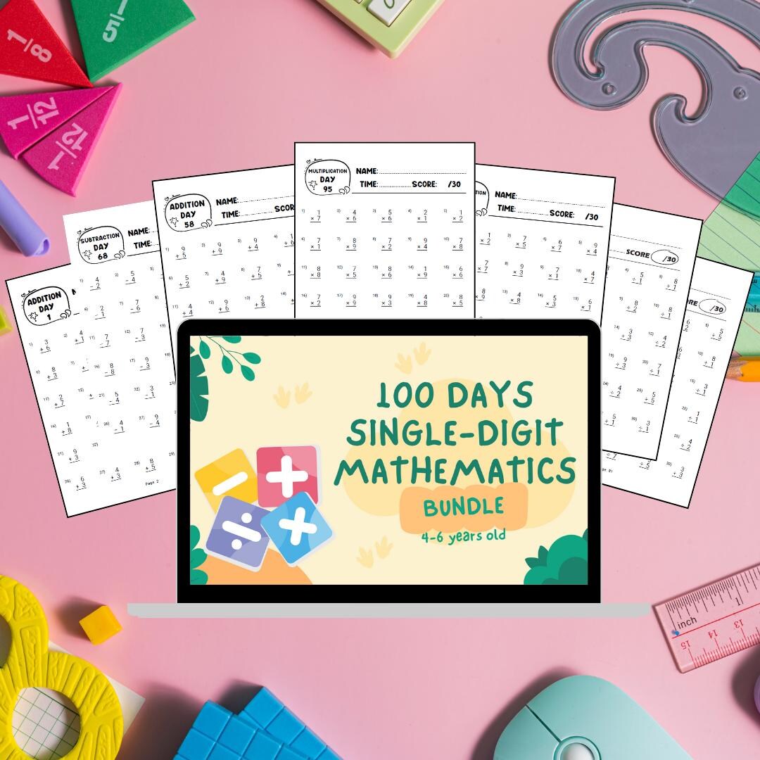 100 Days Math Worksheets Bundle | Single-digit Addition, Subtraction ...