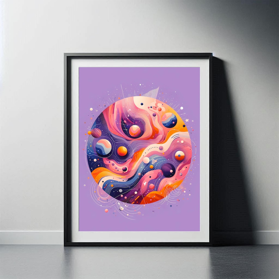 Colorful Space Art, Psychedelic Print, 80s Art, Lilac Orange Wall Art ...