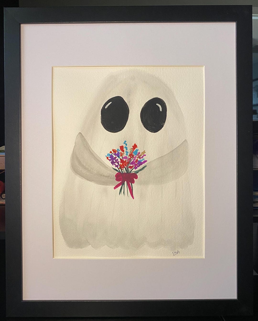 Original Watercolor Art, Cute Ghost With Flowers, Framed Art, 11x14 ...