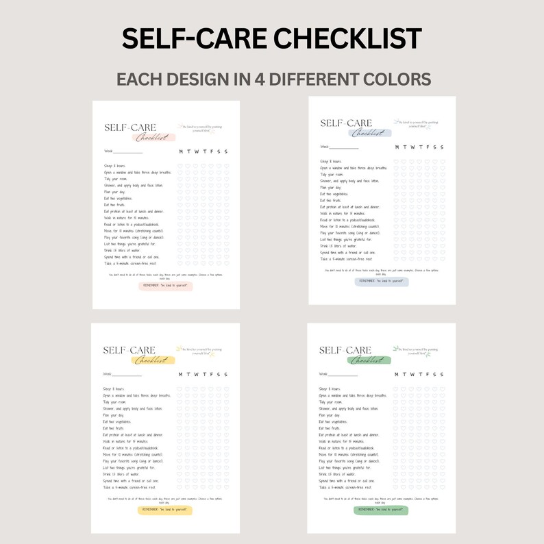 Self Care Checklist Digital Download, Daily Planner Tracker for Mental ...