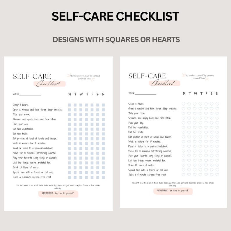 Self Care Checklist Digital Download, Daily Planner Tracker for Mental ...