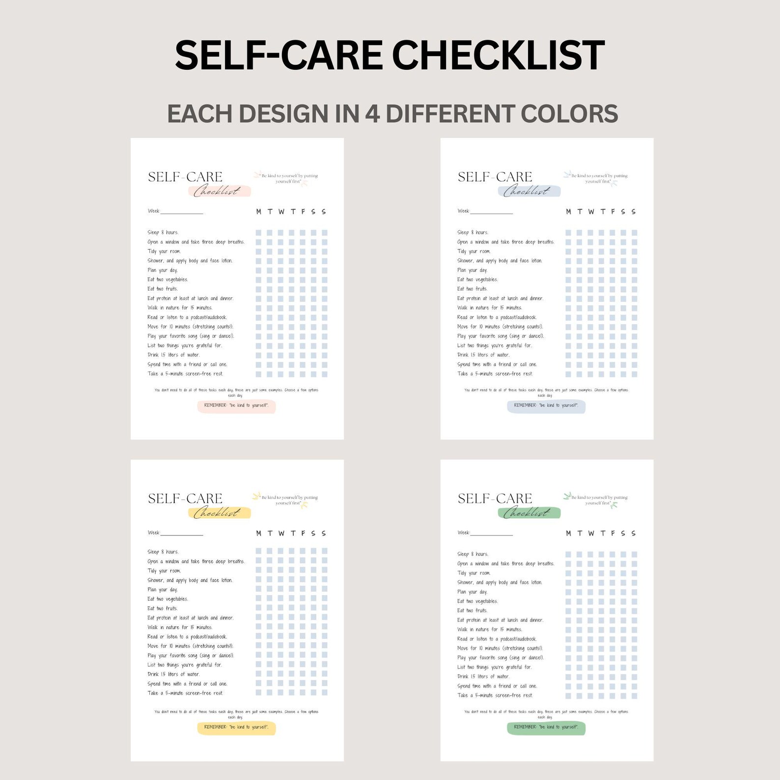 Self Care Checklist Digital Download, Daily Planner Tracker for Mental ...