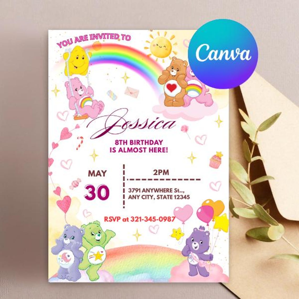 Editable Care Bears Birthday Invitation, Birthday Party Invite, Digital ...