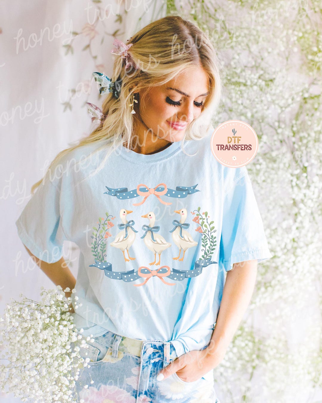 Vintage Goose Transfer Print, Blue Ribbon Coquette DTF, Ready to Press ...