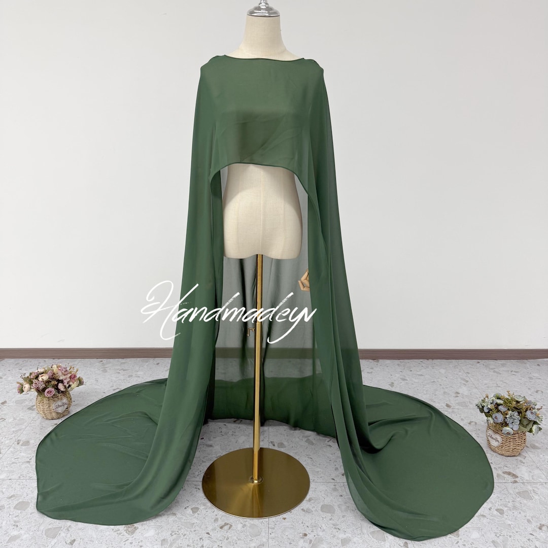 Emerald Green Chiffon Long Shawl Cloak, Minimalist Bridal Wedding Cape ...