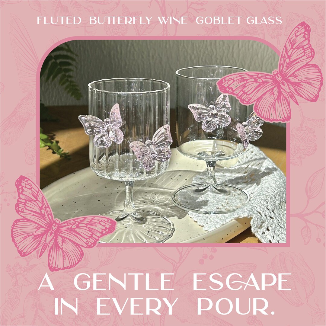 2PC Whimsical Wine Champagne Fluted Butterfly Glass Set Fairytale Party Barware Boho Drinkware ...