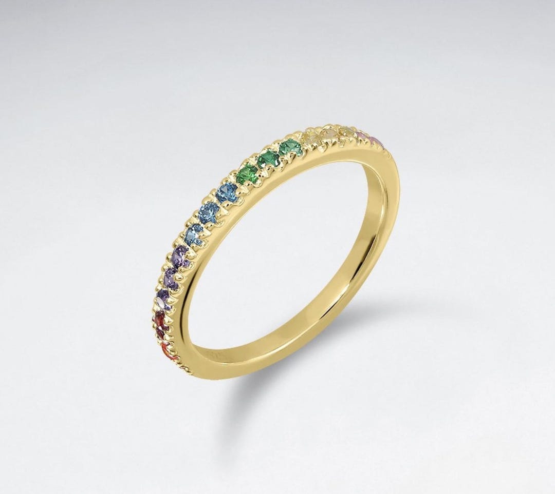 Rainbow LGBTQ Pride Ring // Sterling Silver Stackable Band // Rainbow ...