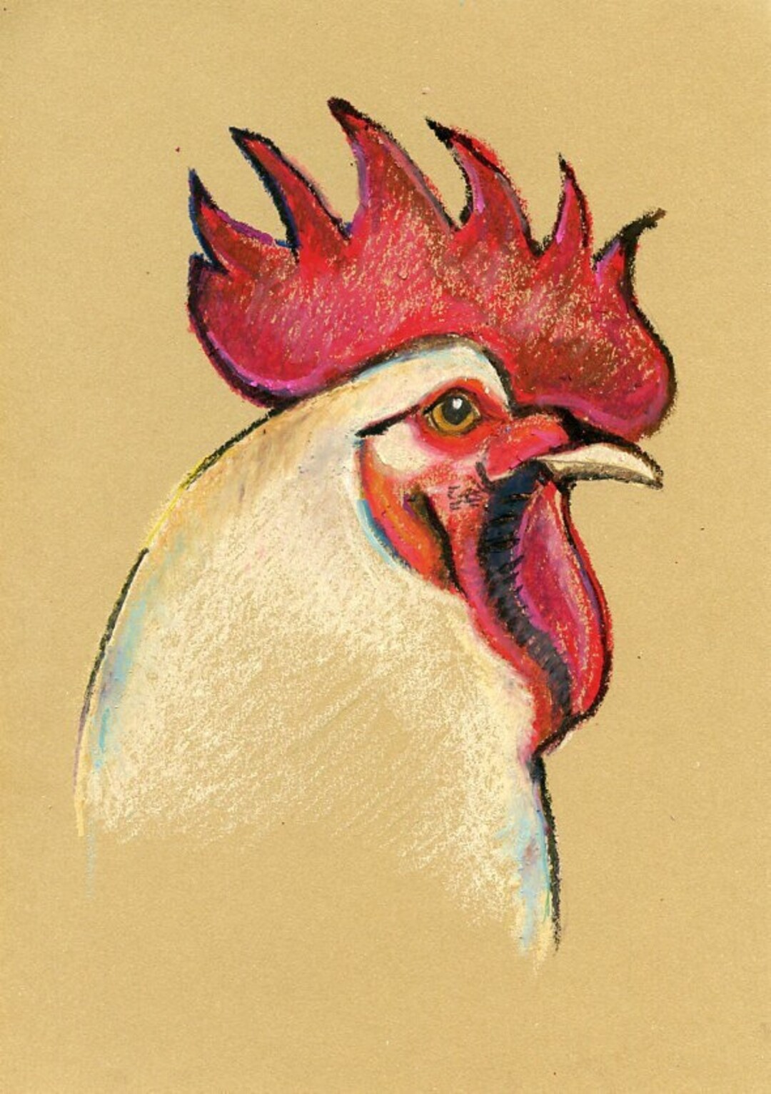 ROOSTER Animal Art Original Pastel Oil on Sand Drawing Paper 8x11inch ...