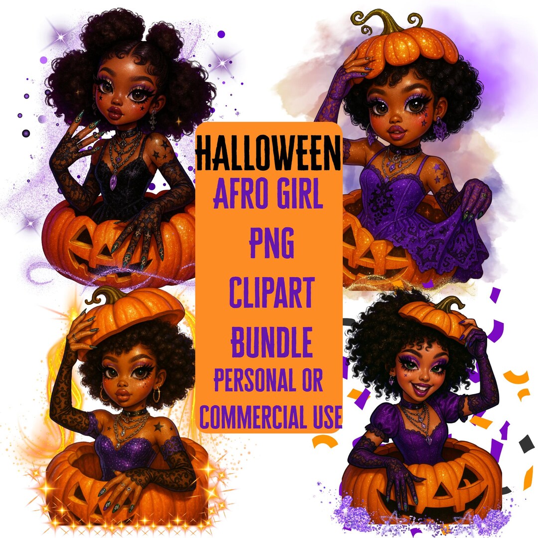 Afro Halloween Girl PNG Clipart Bundle | 4 Black Witch Girl Sublimation ...